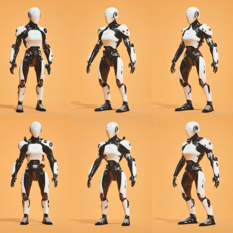 Full-body Humanoid Robot Poses in Six Unique Angles on Orange Backdrop ... Full-body Humanoid Robot Poses in Six Unique Angles on Orange Backdrop ...