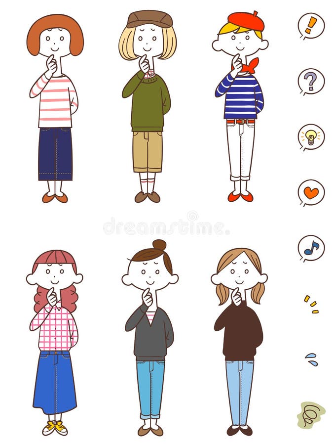 Full-body Illustration Set of Various Young Women Who Think Stock ...