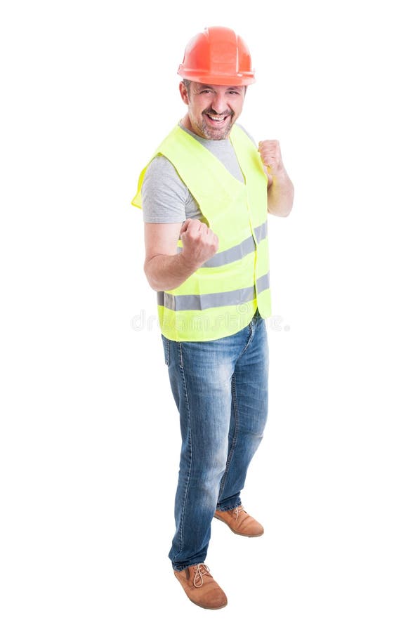 Full Body of Joyful Successful Constructor Male Stock Image - Image of ...