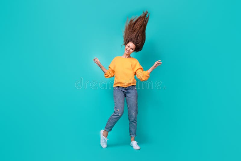 Full Body Length Photo Of Young Adorable Pretty Lady Wear Orange Shirt