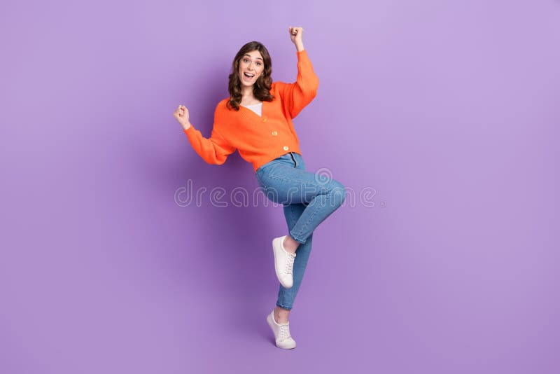 Full Body Length Size Photo Of Young Excited Optimistic Woman Fists Up