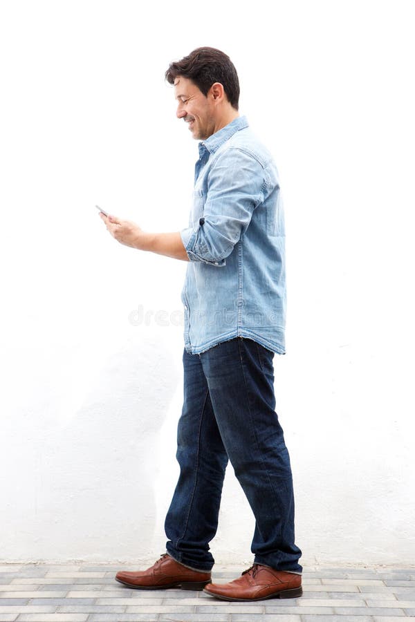 Full Body Older Man Using Mobile Phone Stock Image - Image of happy ...