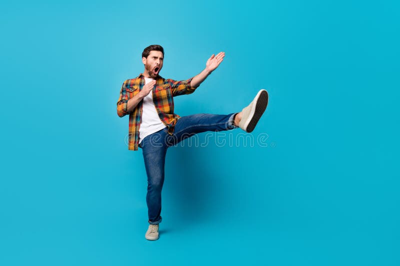 Full Body Photo Of Attractive Young Man Fighting Karate Pose Dressed Stylish Checkered Clothes