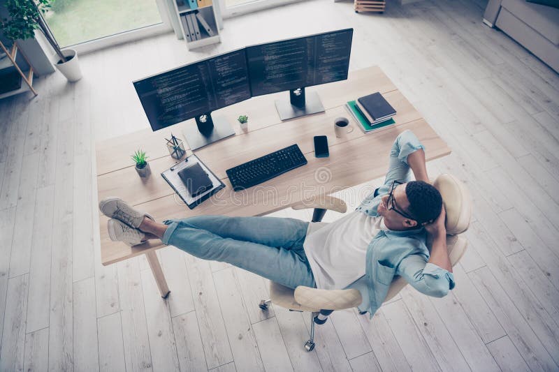 Full Body Photo Upper View of Young Positive Man Relaxing Finished ...