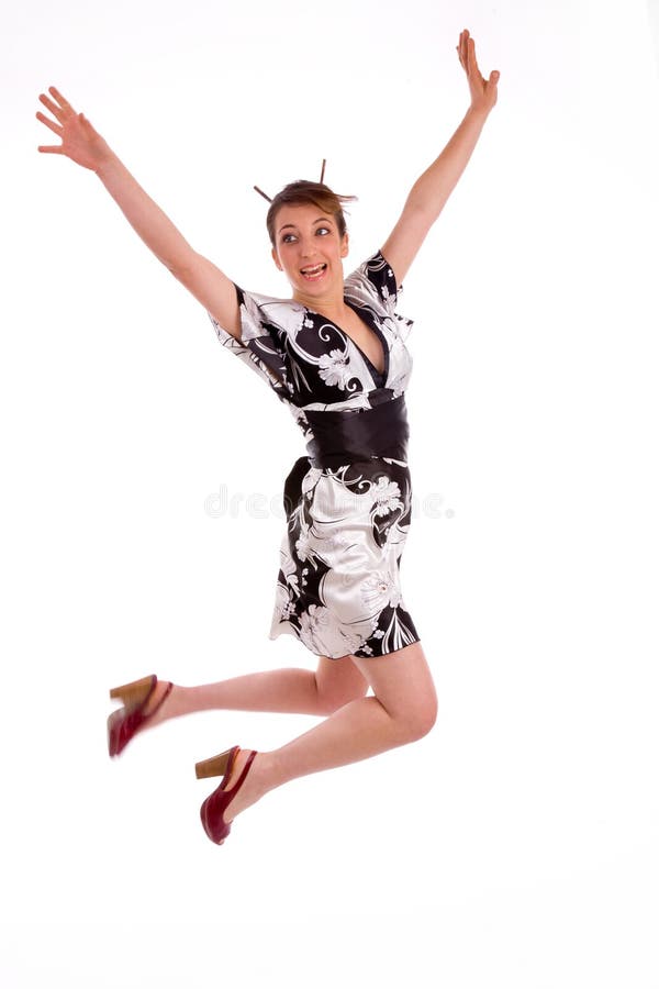Full Body Pose of Japanese Woman Jumping High Stock Photo - Image of ...