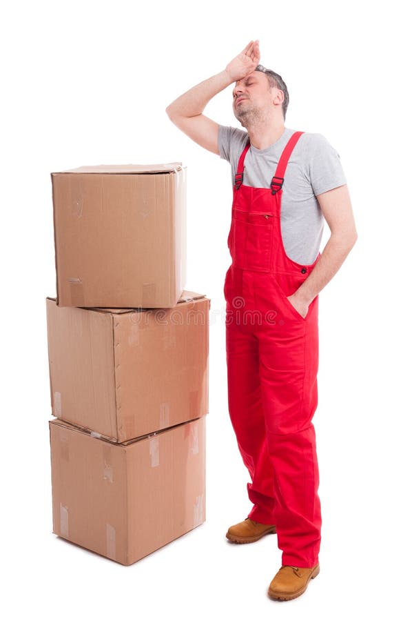 Full Body of Tired Mover Guy Standing Near Boxes Stock Image - Image of ...