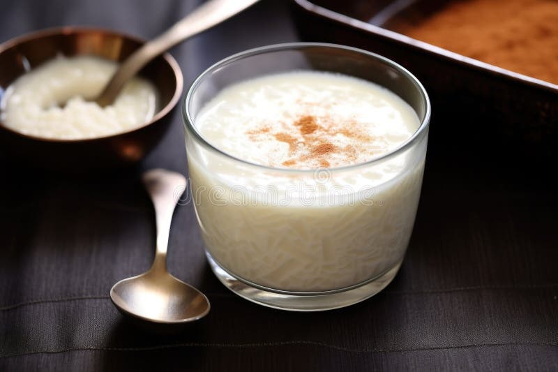 Full Bowl of Rice Pudding Drink with a Steel Ladle and Spoon Stock ...