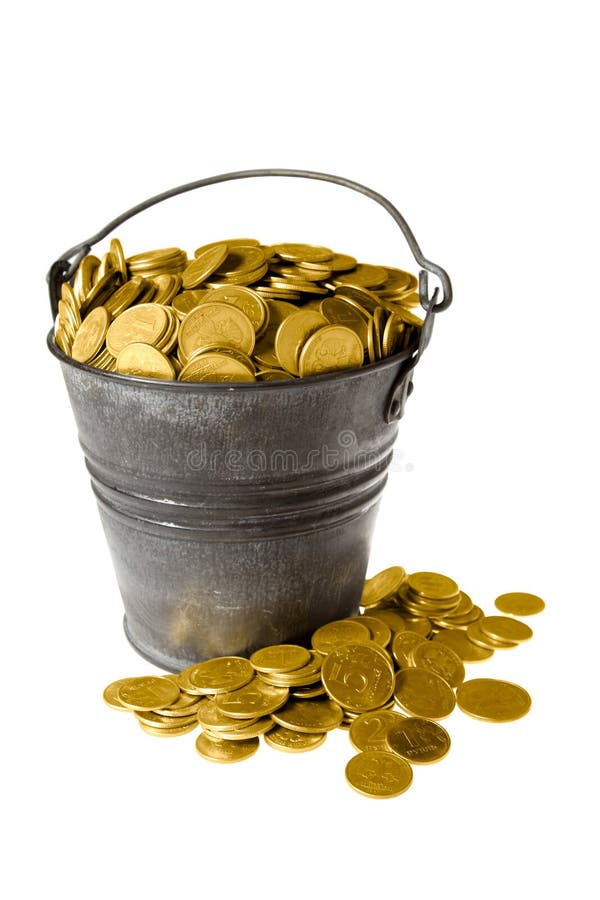 Full Bucket of Golden Coins Stock Photo - Image of loan, isolated: 1702252