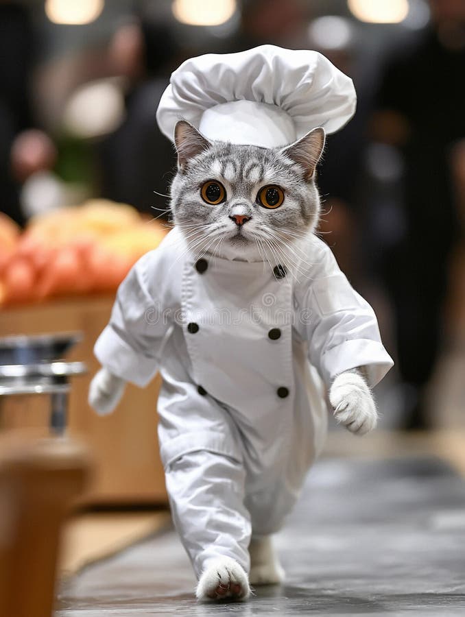 A Full Chef Outfit Being Modelled by an Upright Common Tabby Cat Stock ...