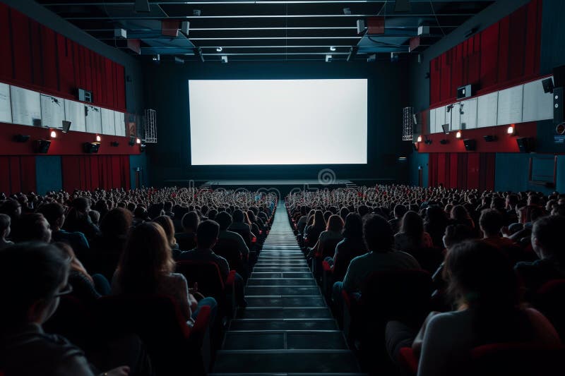 Full Cinema Hall with White Screen Stock Illustration - Illustration of ...