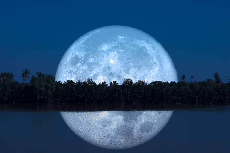 Full Cold Moon Back on Mountain and Reflection on River in the Night ...