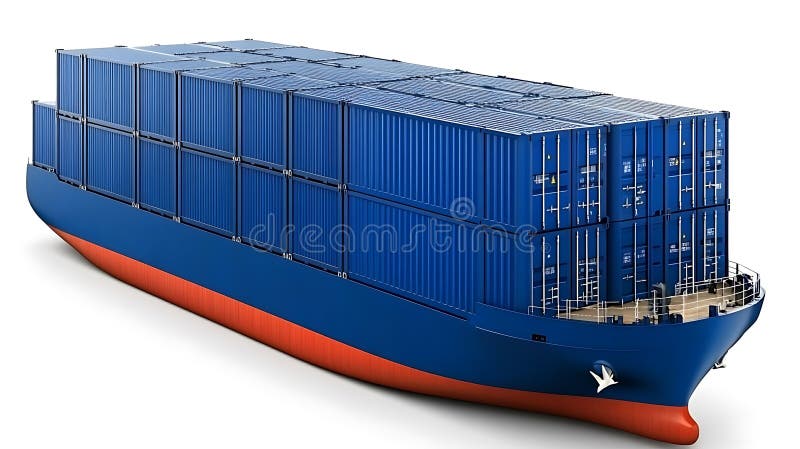 Full Container Ship in Front View Blue Container Ship with White ...