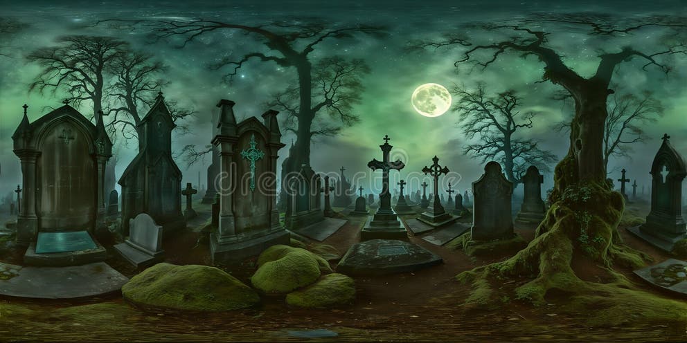 Dark Gothic Cemetery at Night. 360 Degrees Seamless Spherical Panorama ...