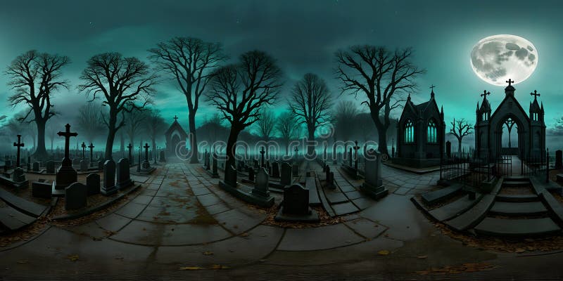 Dark Gothic Cemetery at Night. 360 Degrees Seamless Spherical Panorama ...