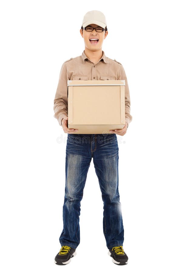 Full of Delivery Man Holding Parcel and Standing Stock Photo - Image of ...