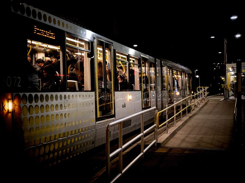 Full Electric Tram at Station during a Nighttime Editorial Stock Photo ...