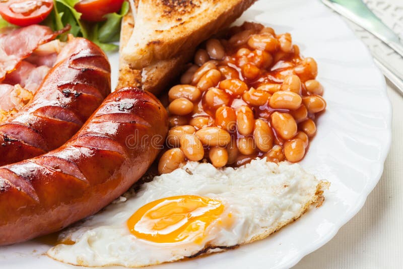 Full English Breakfast with Bacon, Sausage, Fried Egg and Baked Beans ...