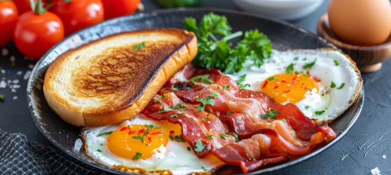 Full English Breakfast with Fried Eggs, Crispy Bacon, Toasted Bread and ...
