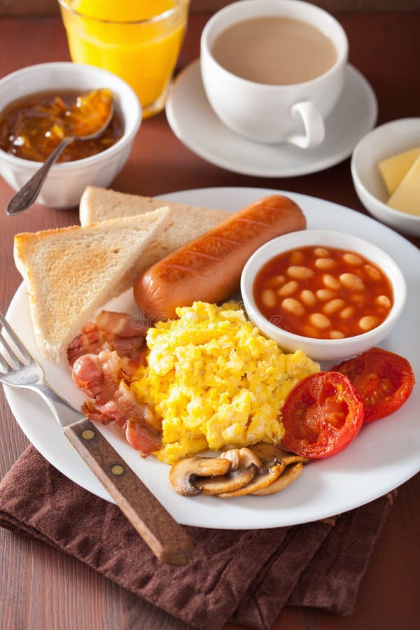 Full English Breakfast with Scrambled Eggs, Bacon, Sausage, Bean Stock ...