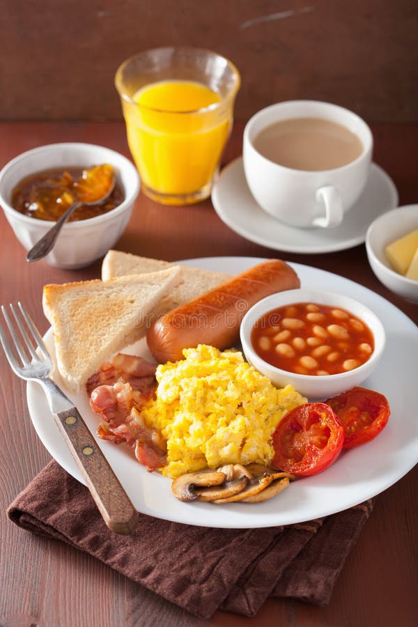 Full English Breakfast with Scrambled Eggs, Bacon, Sausage, Bean Stock ...