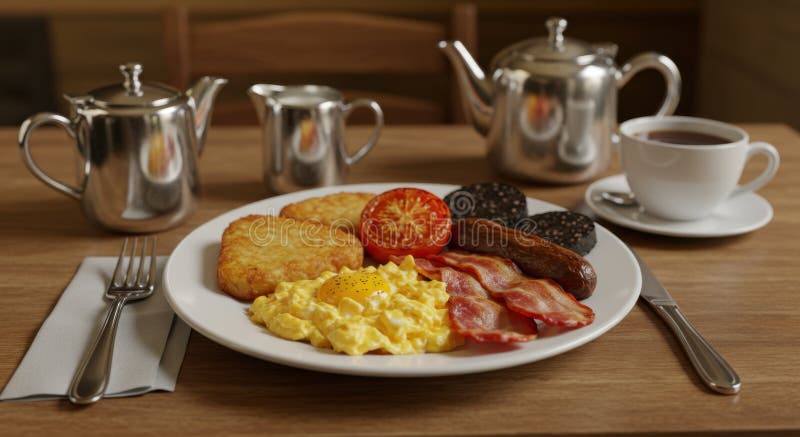 Full English Breakfast with Tea on Wooden Table Stock Illustration ...