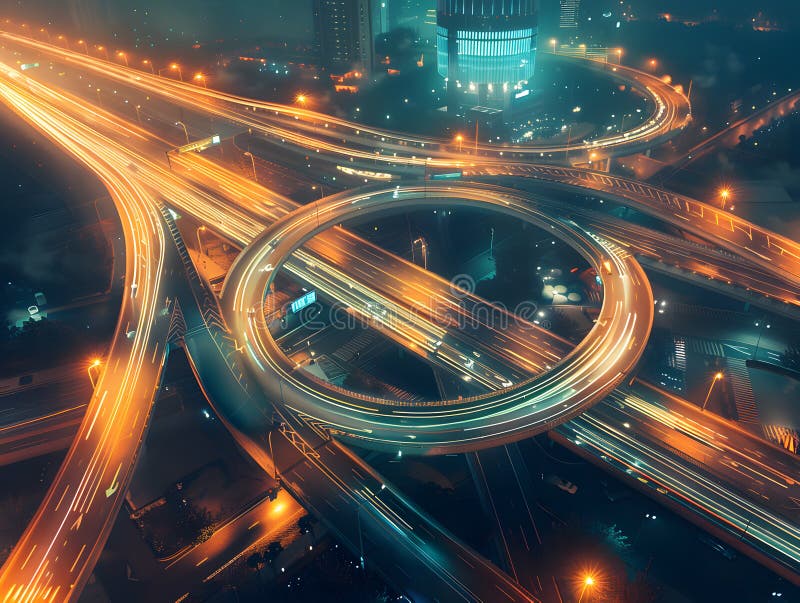Full Frame of City Overpass at Night, Circular Flyover and Traffic ...