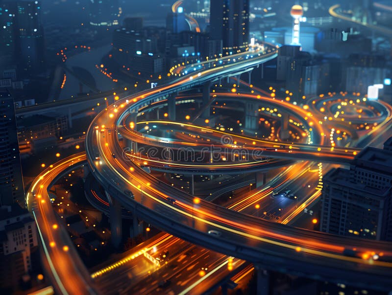 Full Frame of City Overpass at Night, Circular Flyover and Traffic ...