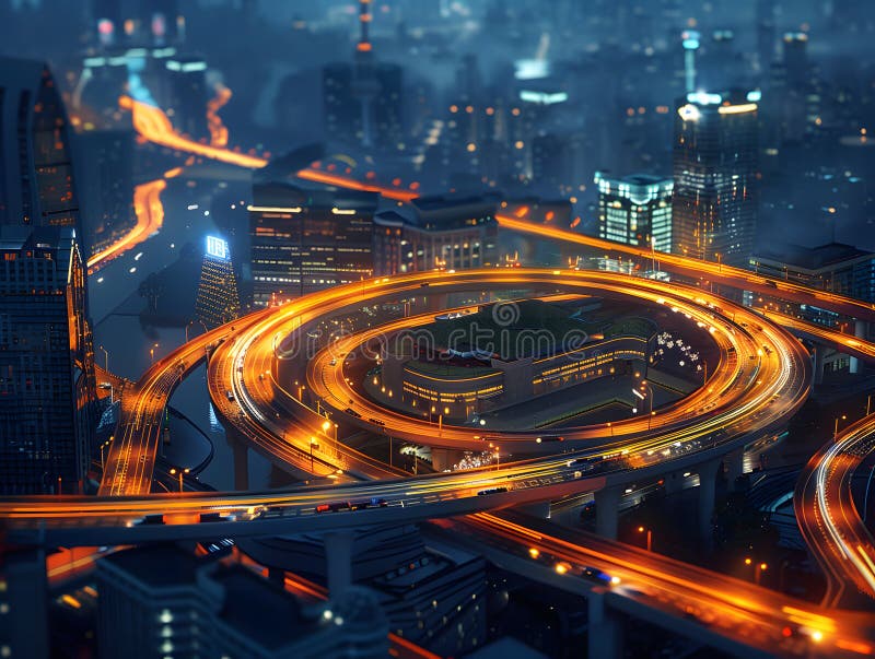 Full Frame of City Overpass at Night, Circular Flyover and Traffic ...