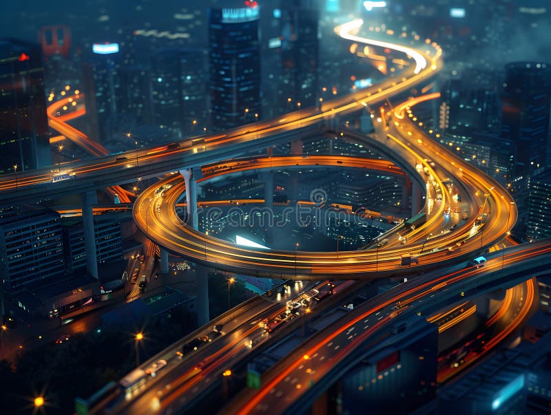 Full Frame of City Overpass at Night, Circular Flyover and Traffic ...