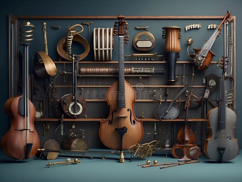 Full Frame of a Group of Imaginary Musical Instruments on a Shelf with ...