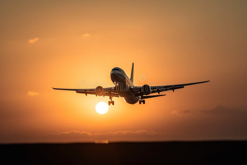 Full Frame Shot of a Passenger Plane Flying into Sunset with the Big ...