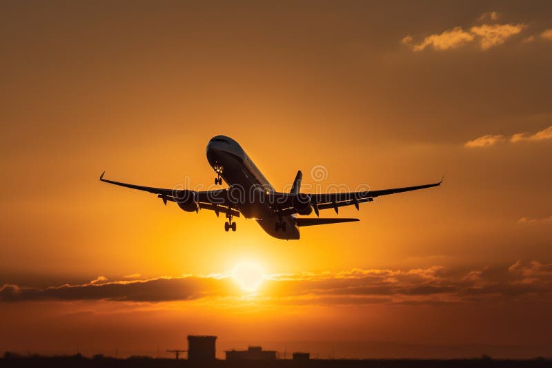 Full Frame Shot of a Passenger Plane Flying into Sunset with the Big ...