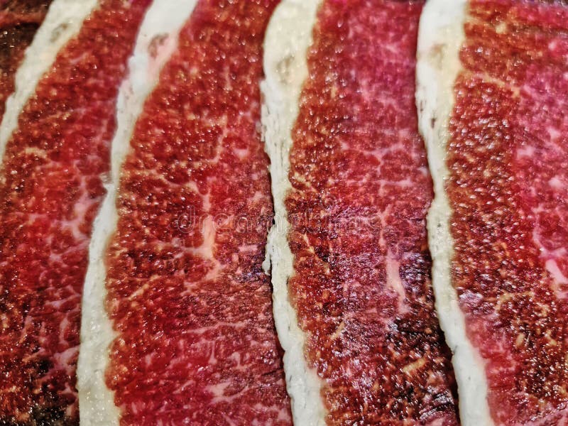 Texture Background of Fresh Raw Red Sliced Beef Stock Photo - Image of ...