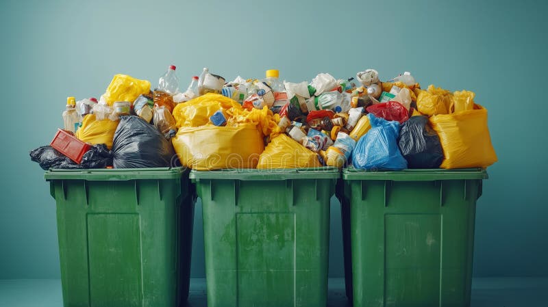 Full Garbage Bin and Black Plastic Trash Bags Around. Overflowing ...