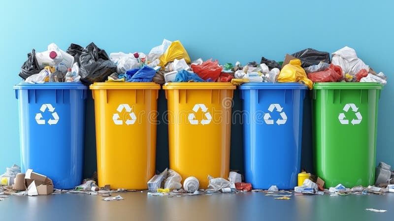 Full Garbage Bin and Black Plastic Trash Bags Around. Overflowing ...