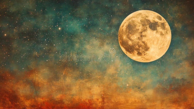 Full Gold Moon in a Starry Night Sky Stock Illustration - Illustration ...