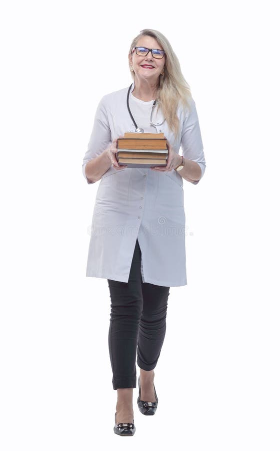 Doctor with a Stack of Books Looking Ahead. Isolated on a White Stock ...