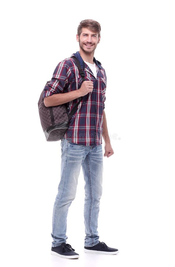 In Full Growth. Handsome Male Student with a Bag Stock Photo - Image of ...