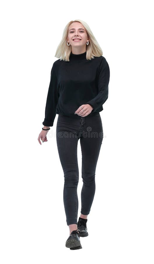 In Full Growth. Happy Young Woman Moving Forward Stock Image - Image of ...