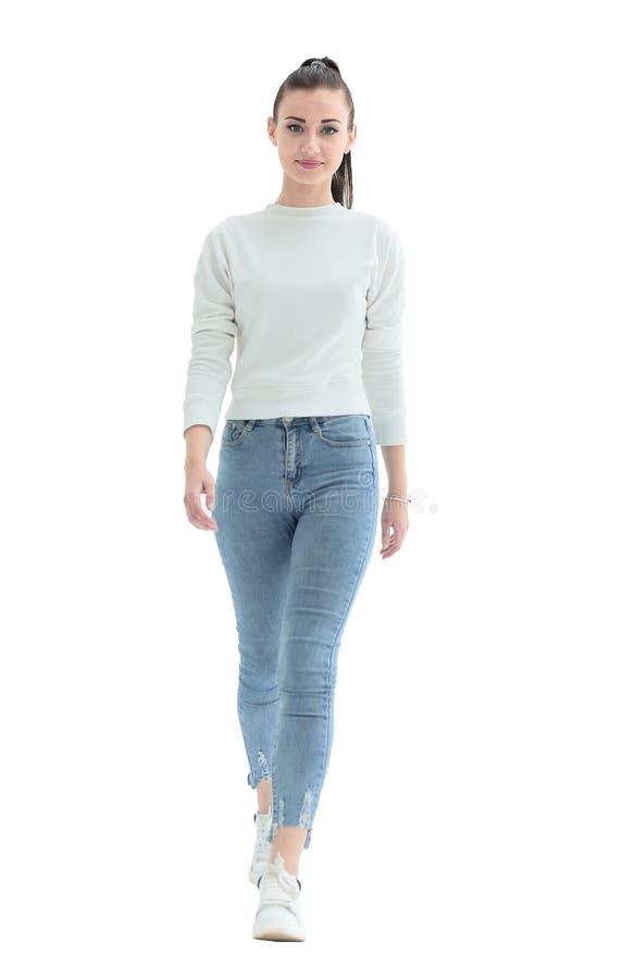 In Full Growth. a Nice Young Woman, Stepping Forward Stock Photo ...