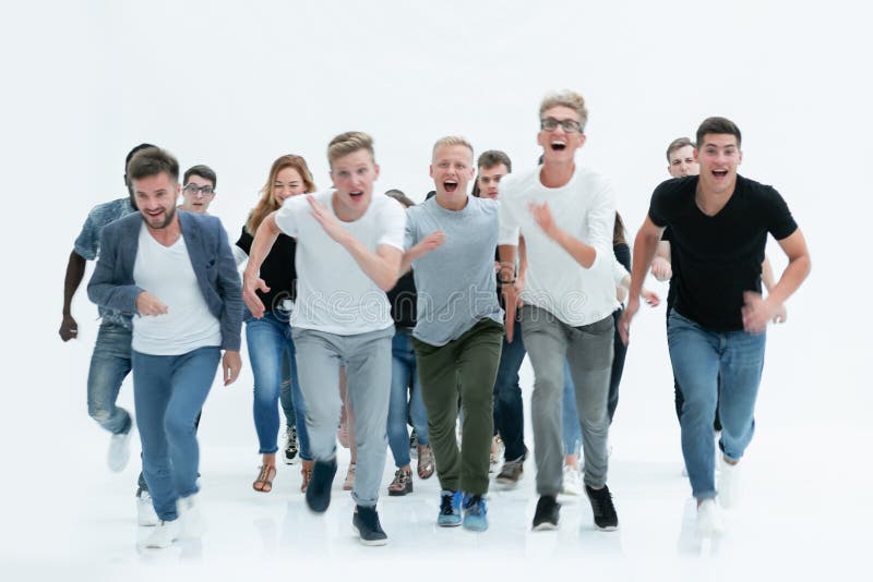 In Full Growth. Smiling Young People Quickly Run Forward Stock Photo ...