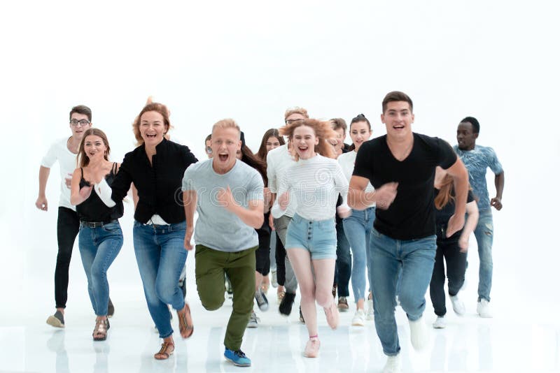 In Full Growth. Smiling Young People Quickly Run Forward. Stock Image ...