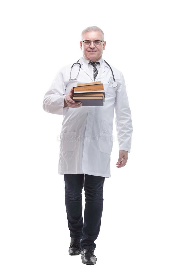 Doctor with a Stack of Books Looking Ahead. Isolated on a White Stock ...