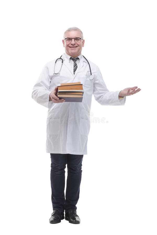 Doctor with a Stack of Books Looking Ahead. Isolated on a White Stock ...