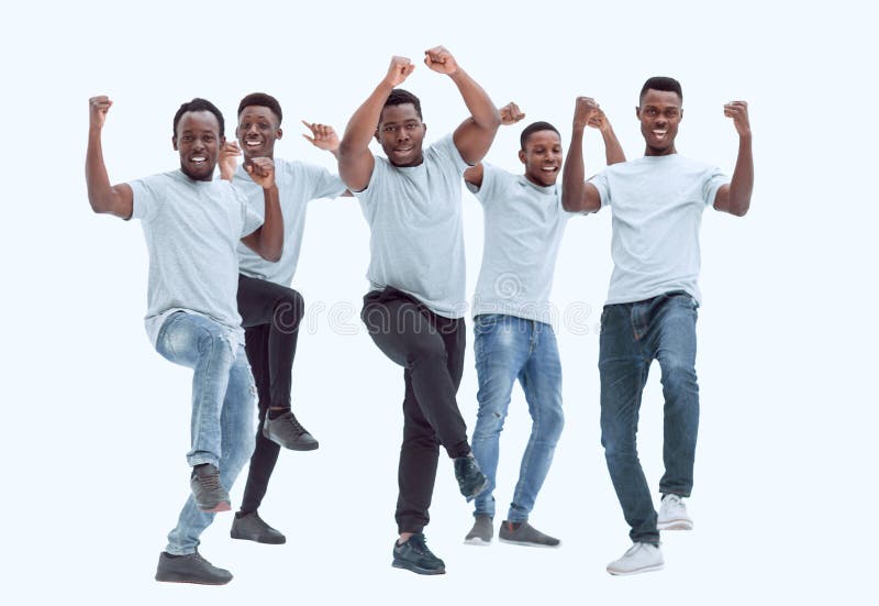 In Full Growth. Team of Confident Guys Standing Standing with Hands Up ...