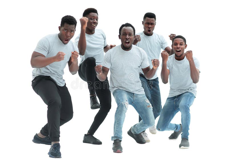 In Full Growth. Team of Confident Guys Standing Standing with Hands Up ...