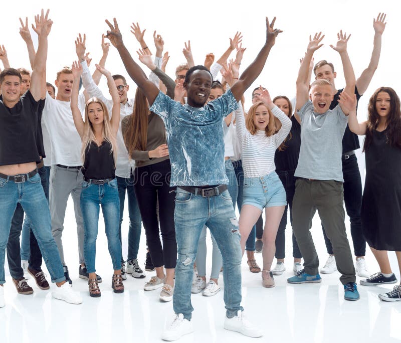 In Full Growth. a Triumphant Team of Diverse Young People Stock Photo ...