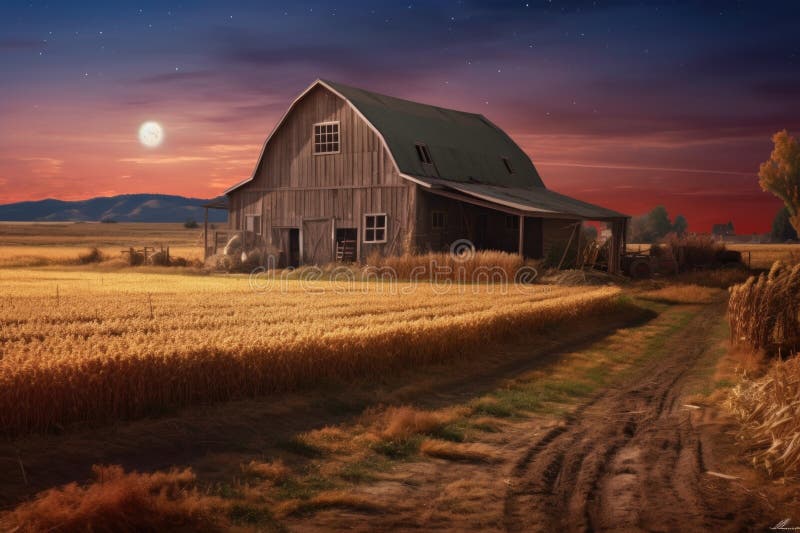 Full Harvest Moon Shining Above a Rustic Barn and Farmland Stock ...