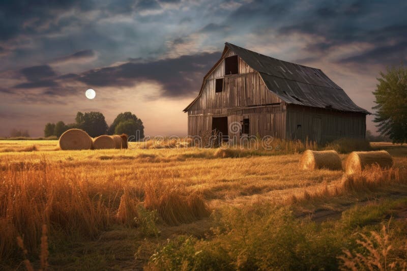 Full Harvest Moon Shining Above a Rustic Barn and Farmland Stock ...