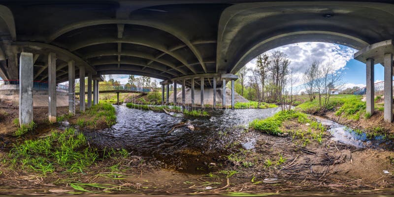 Full Hdri 360 Panorama Under Concrete Bridge with Columns Across Small ...